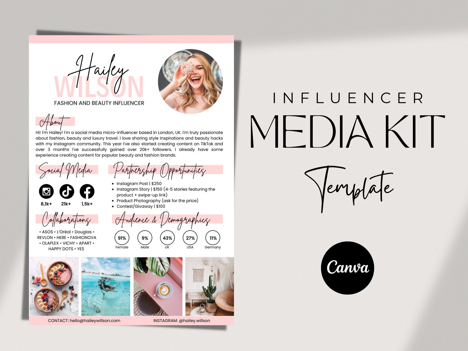 Influencer Pink Media Kit Template Canva | Instagram Media Kit ...