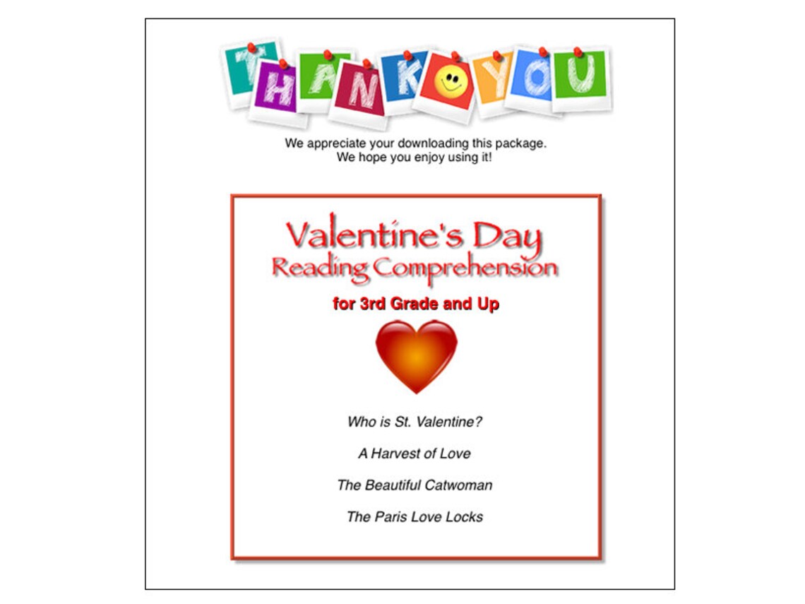 Valentine's Day Reading Comprehension Worksheets - Etsy