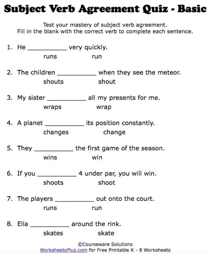 Subject Verb Agreement English Grammar Printable PDF Worksheets, 3rd or ...