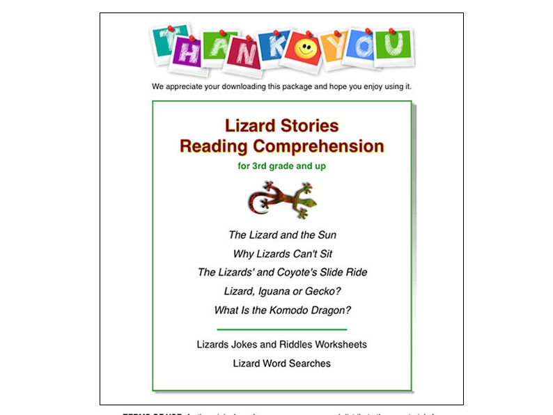 Lizard Stories Reading Comprehension for 3rd - 4th Grade - Includes ...