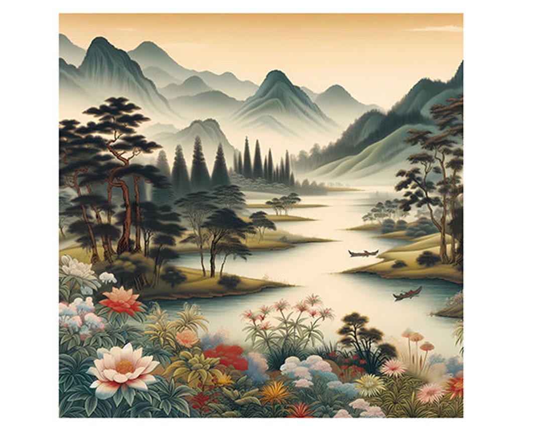 Printable Chinese Painting of Landscape Art, Featuring Mountain ...