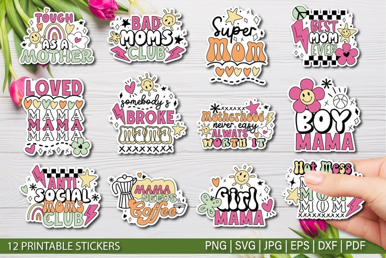 Retro Mama Stickers Svg Bundle, Mom Quotes Svg, Printable Stickers ...