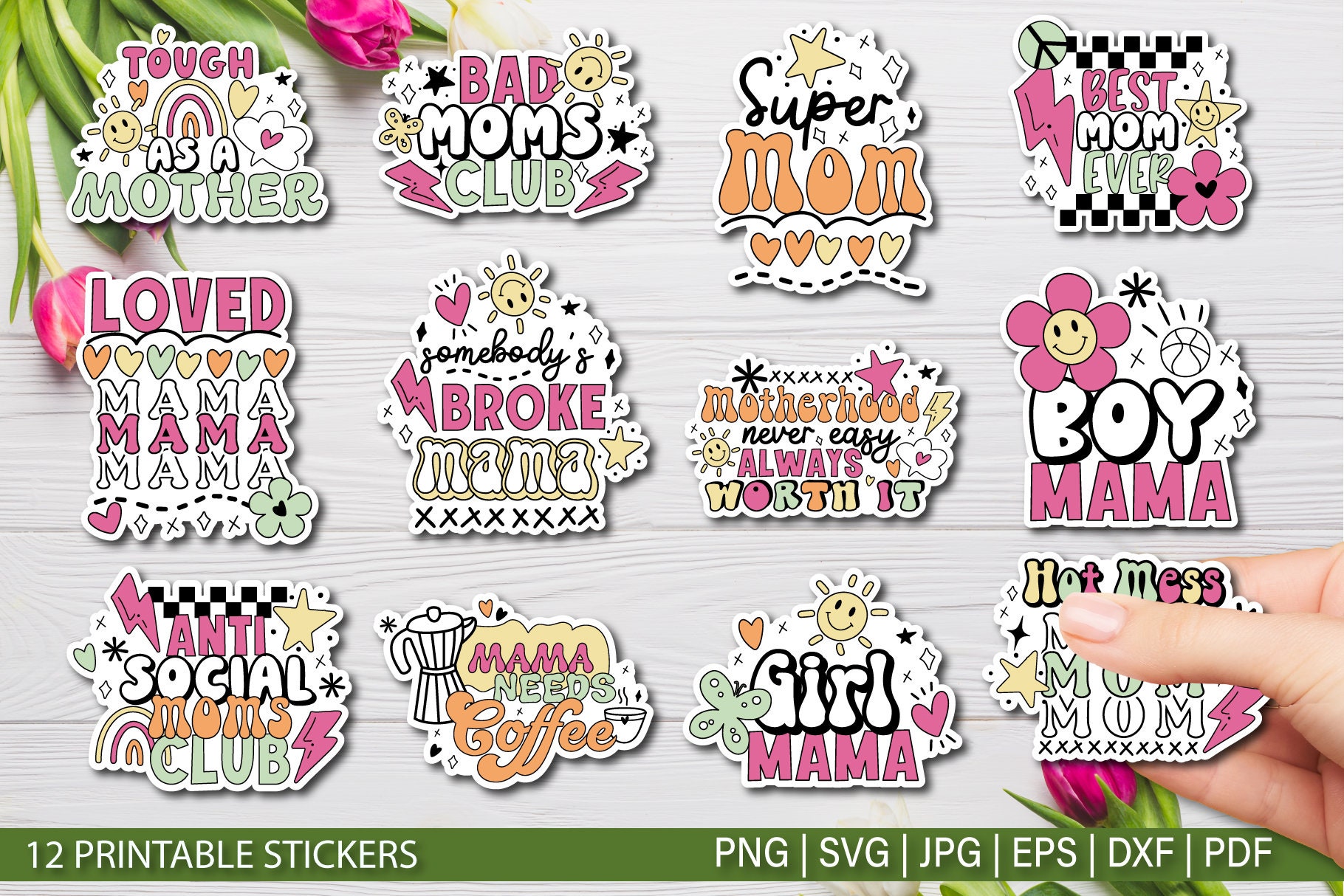 Retro Mama Stickers Svg Bundle, Mom Quotes Svg, Printable Stickers ...