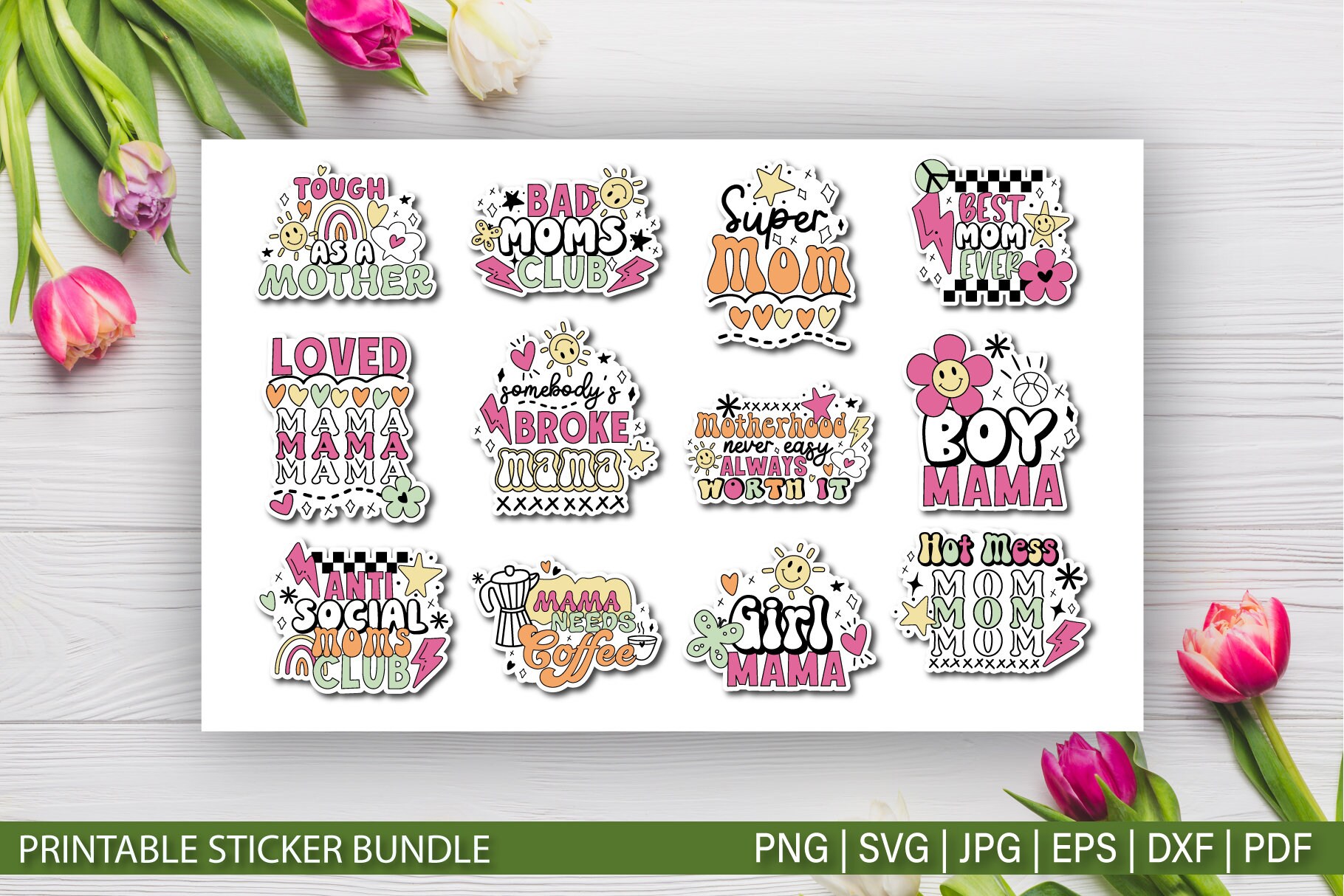 Retro Mama Stickers Svg Bundle, Mom Quotes Svg, Printable Stickers ...