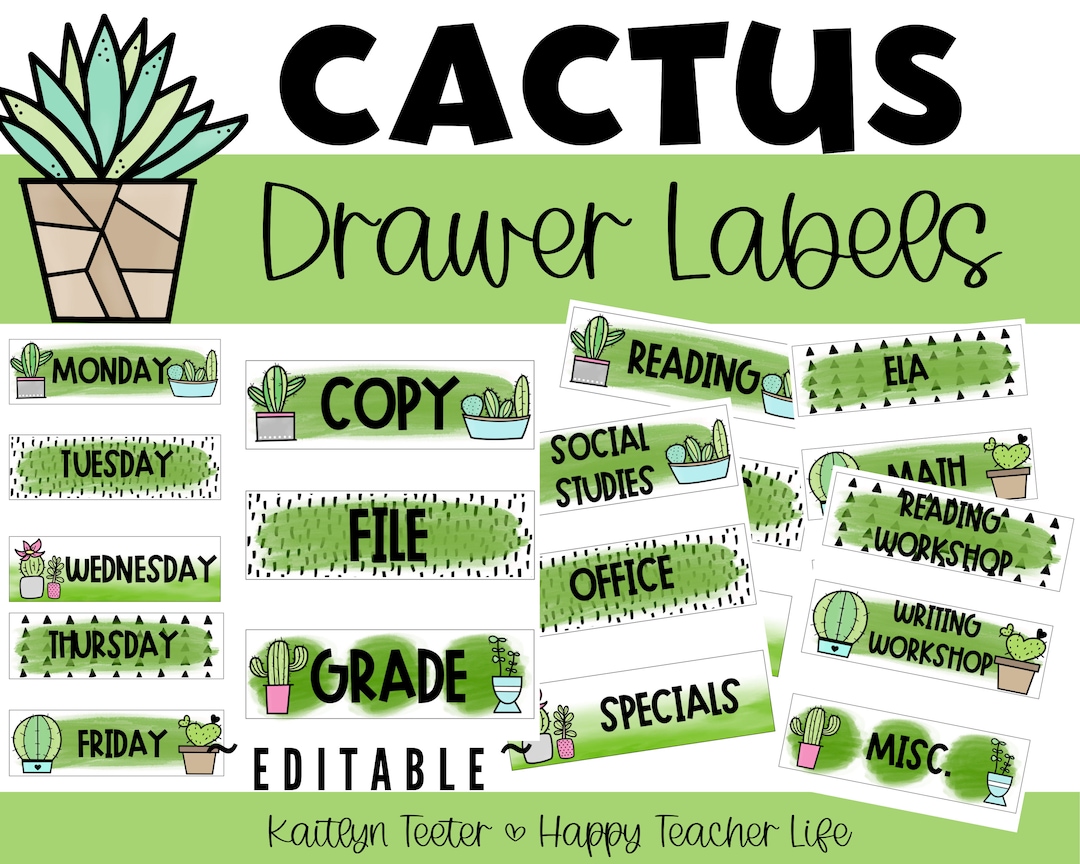 Cactus Plant Themed Editable Drawer Labels for the Classroom - Etsy
