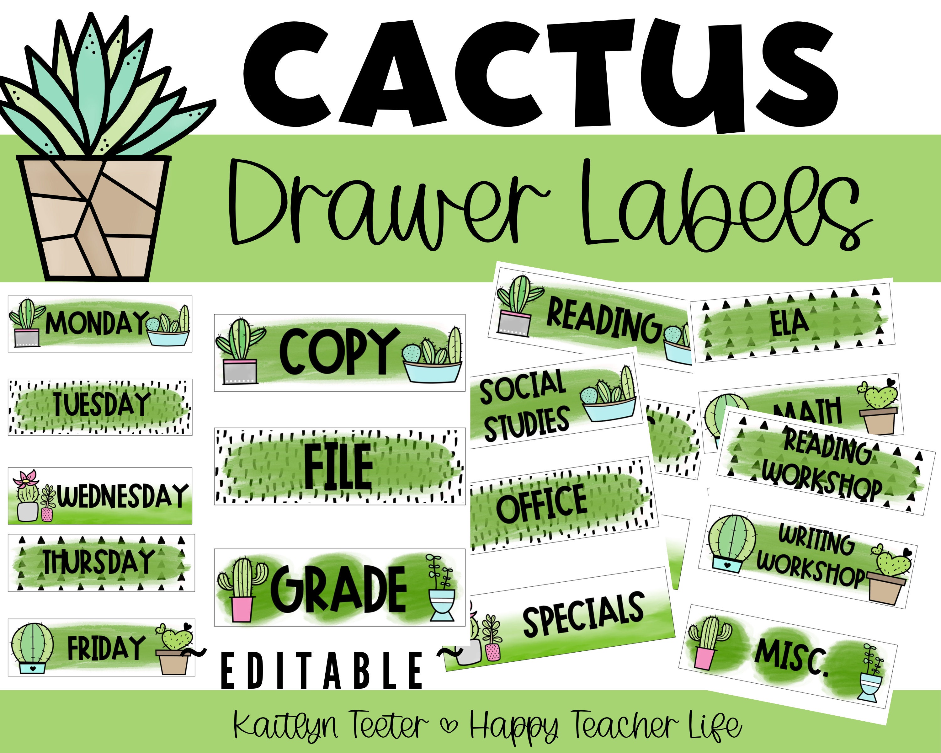 Cactus Plant Themed Editable Drawer Labels for the Classroom - Etsy