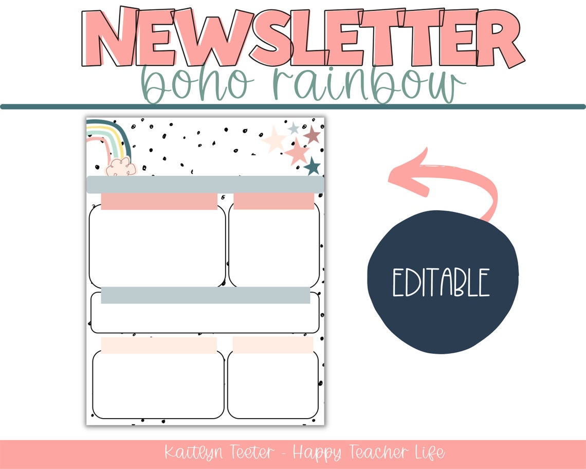 Editable Boho Rainbow Themed Weekly or Monthly Newsletter Template for ...