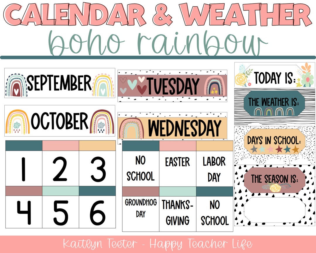 Modern Boho Rainbow Classroom Decor - Calendar and Weather Set - Etsy