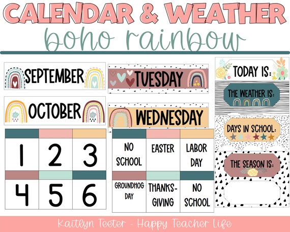 Modern Boho Rainbow Classroom Decor Calendar and Weather Set - Etsy