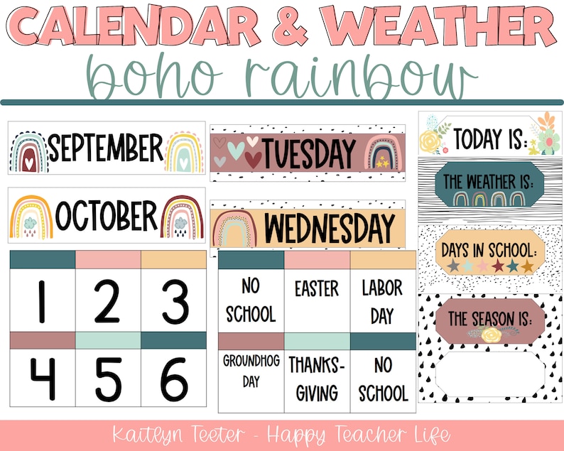 Modern Boho Rainbow Classroom Decor Calendar and Weather Set - Etsy