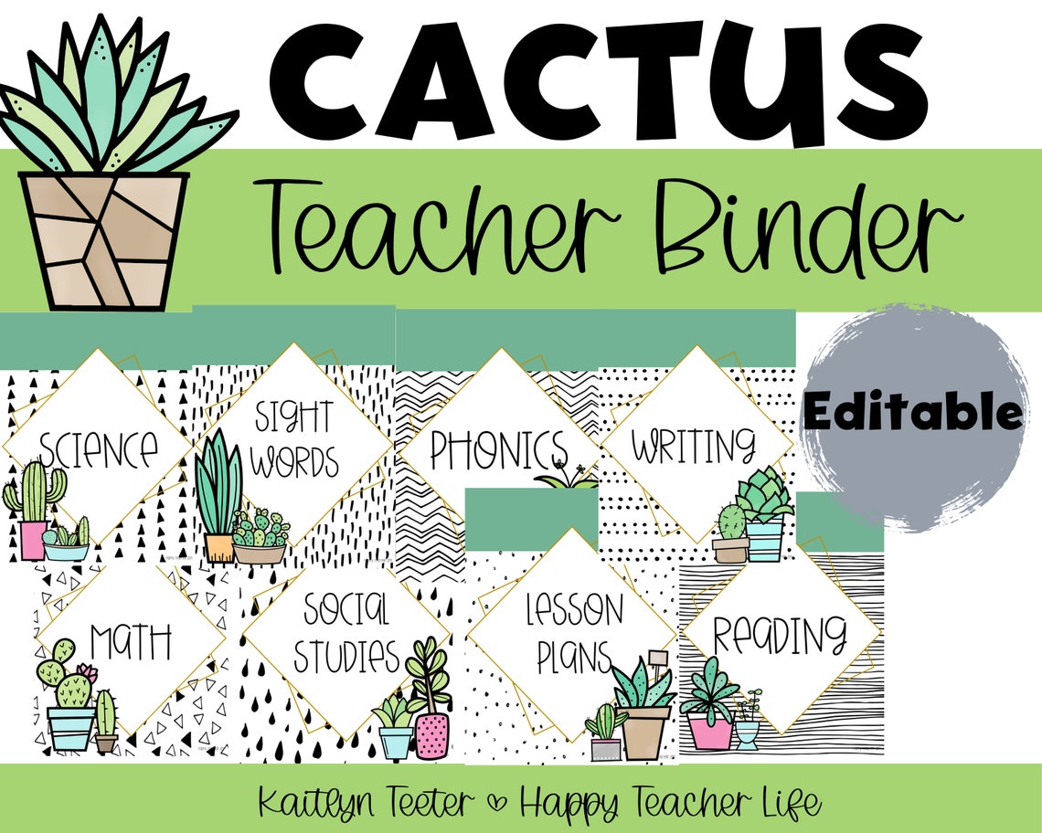 Cactus Plant Themed Classroom Decor, EDITABLE Teacher Binder, Binder ...