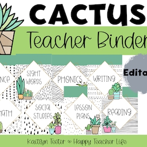 Cactus Plant Themed Classroom Decor, EDITABLE Teacher Binder, Binder ...