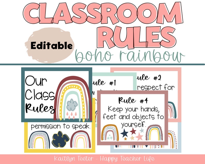 Boho Rainbow Editable Classroom Rules - Etsy
