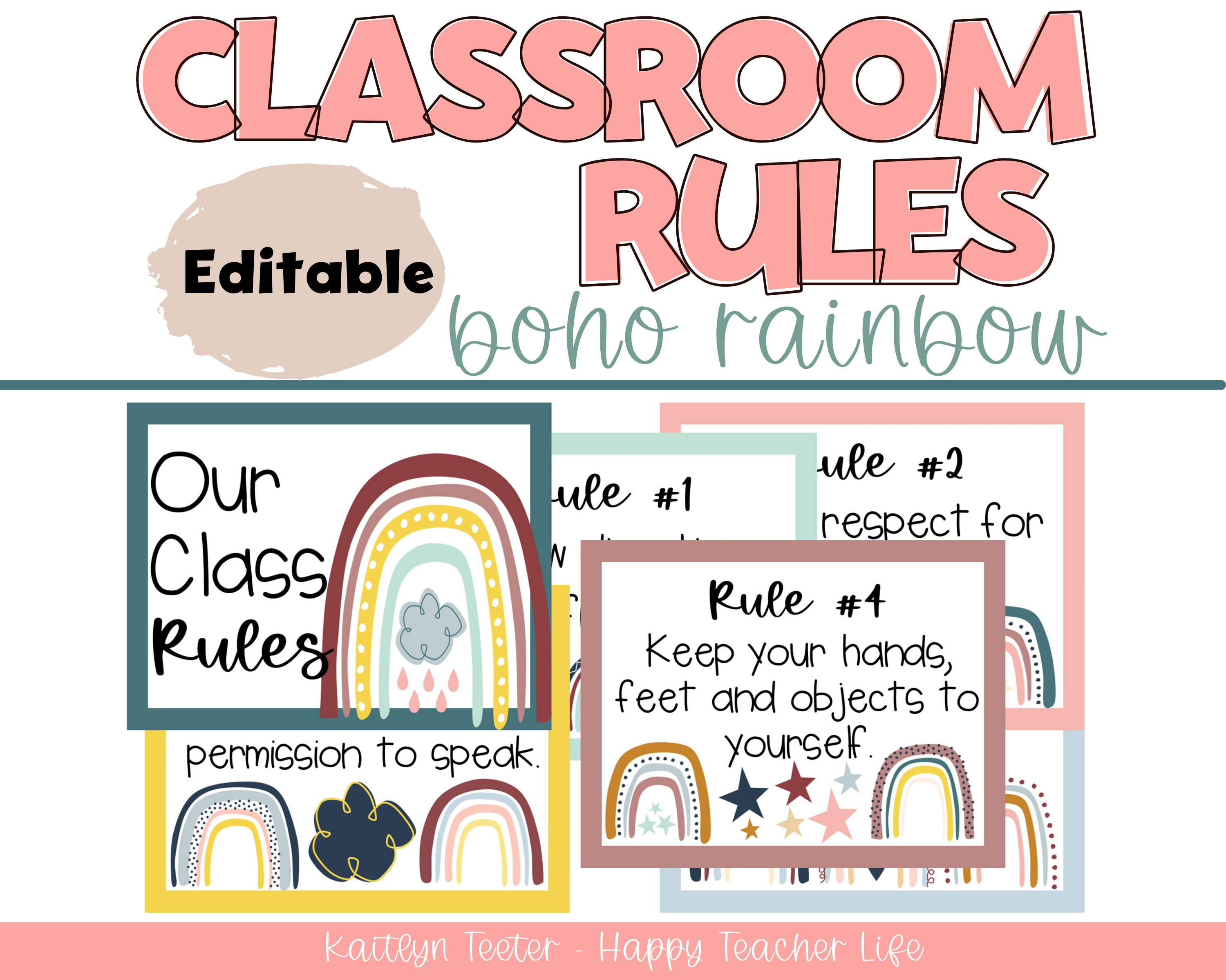 Boho Rainbow Editable Classroom Rules - Etsy