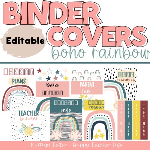 Boho Rainbow Editable Binder Covers With Spines - Etsy