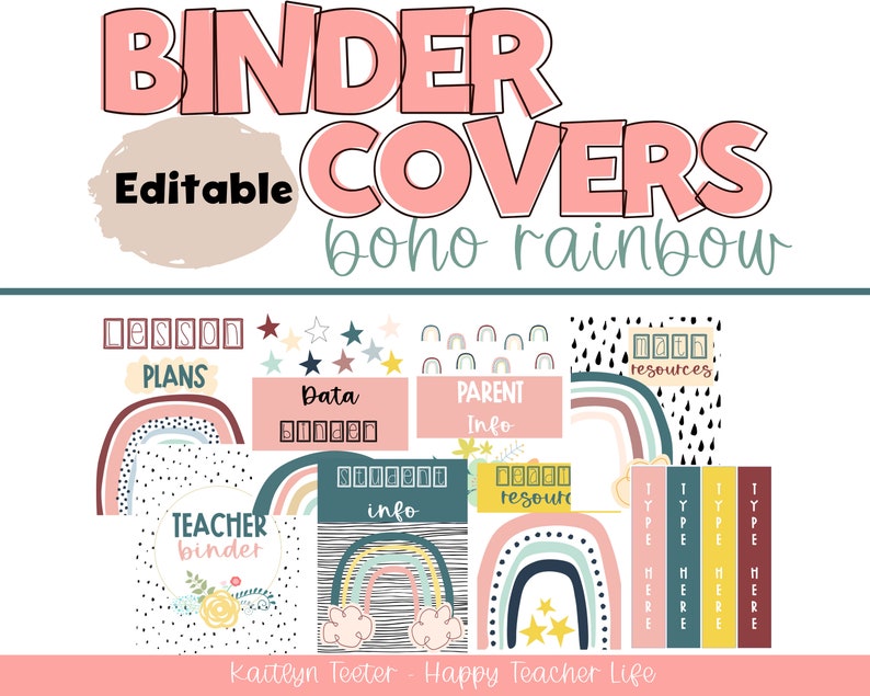 Boho Rainbow Editable Binder Covers With Spines - Etsy