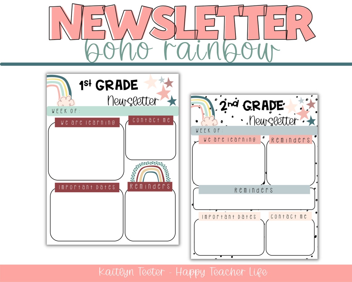 Editable Boho Rainbow Themed Weekly or Monthly Newsletter Template for ...