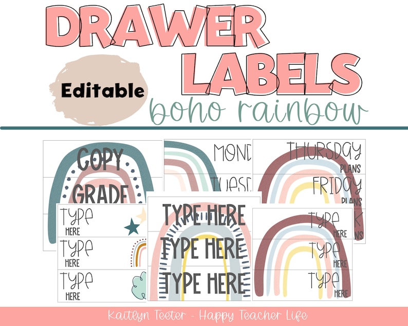 Boho Rainbow 3-drawer Classroom Labels EDITABLE Classroom - Etsy