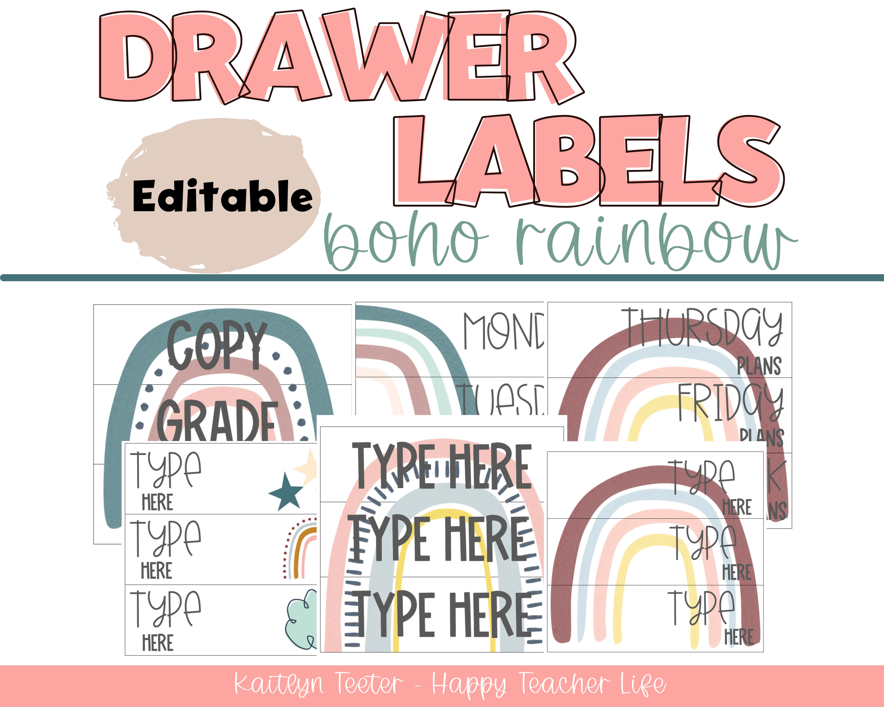 Boho Rainbow 3-drawer Classroom Labels EDITABLE Classroom - Etsy