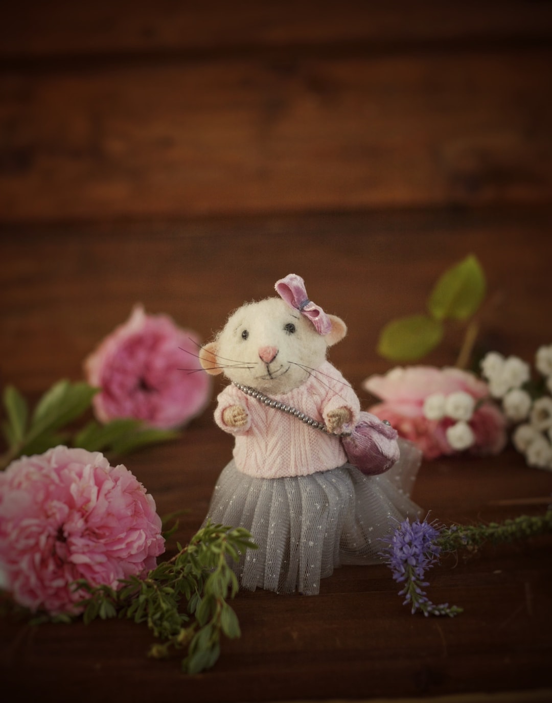 Needle Felted Girl Mouse in Rose, Collectible Doll, Felted Mouse ...