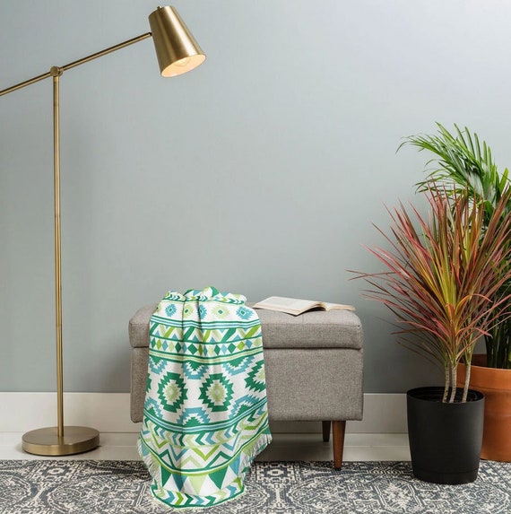 Woven Throw Blanket Boho Green Design Lightweight Cozy - Etsy