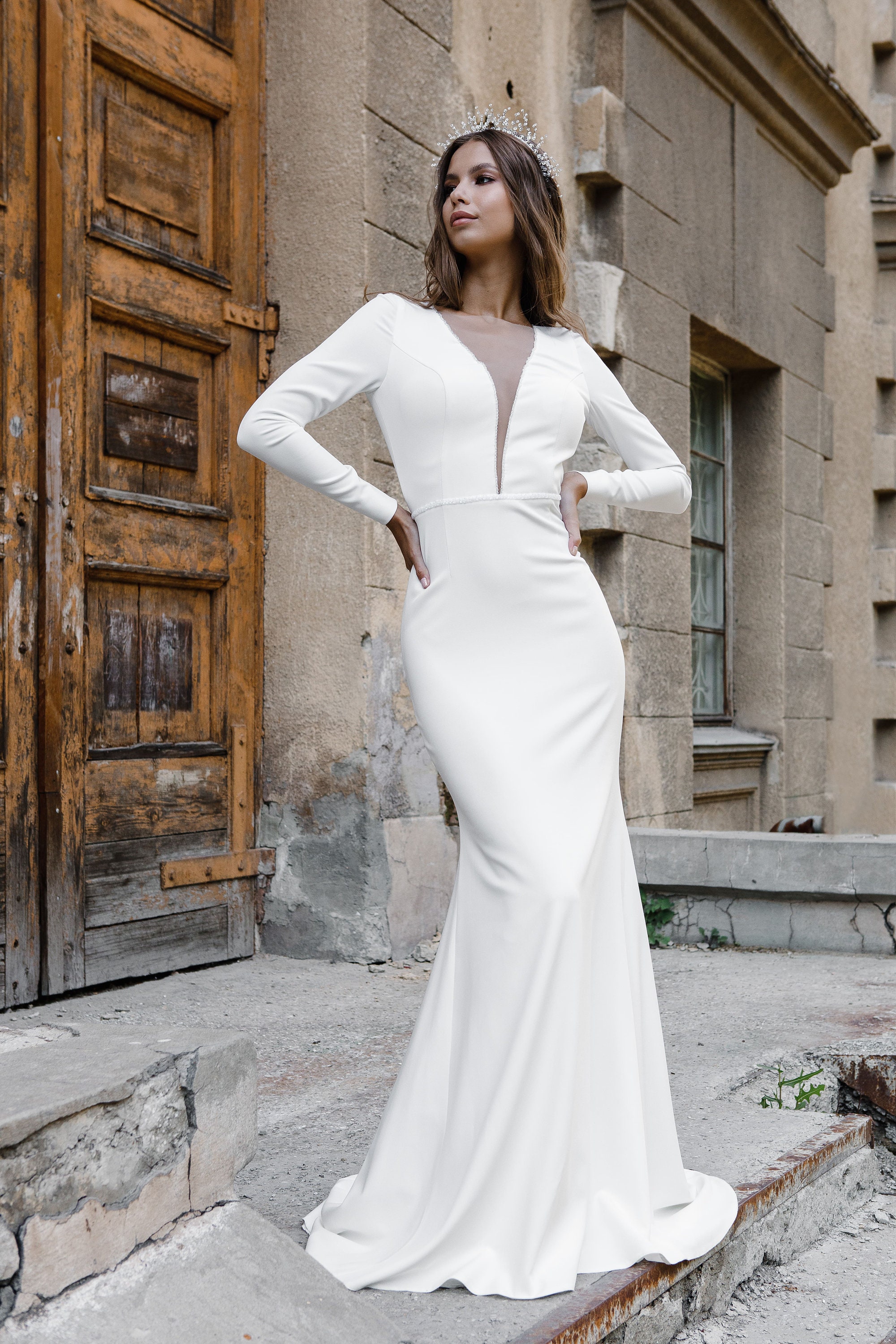 Mermaid Long Sleeve Wedding Dress Open Back, Simple Wedding Dress ...