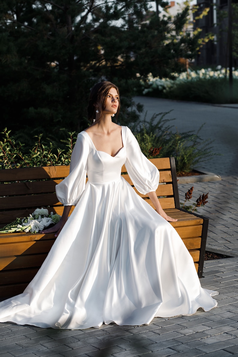 Classic Wedding Dress Puff Long Sleeve Satin a Line Wedding - Etsy