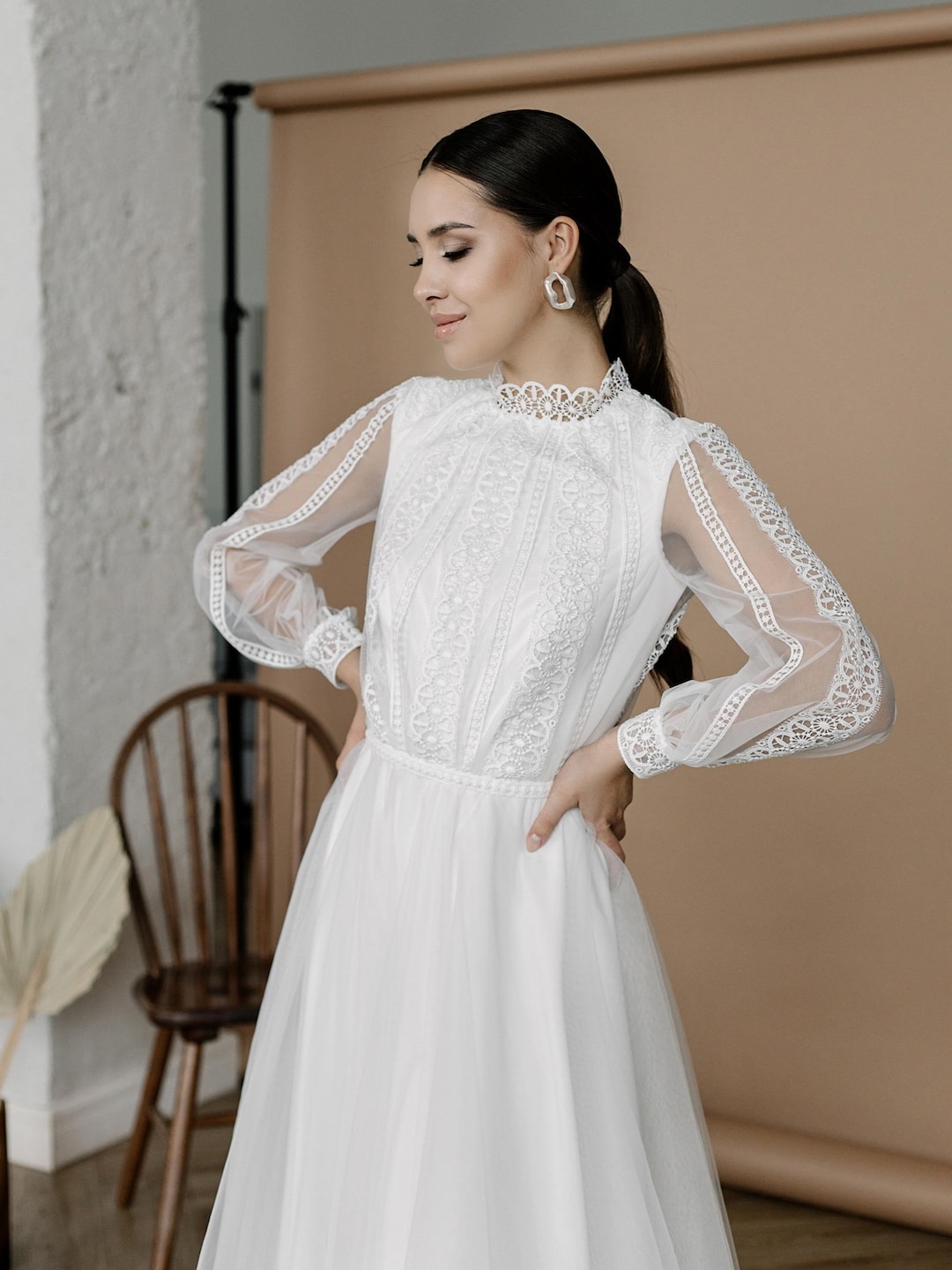 Elegant Rustic Lace Wedding Dress | Long Sleeve Bridal Gown | Closed ...