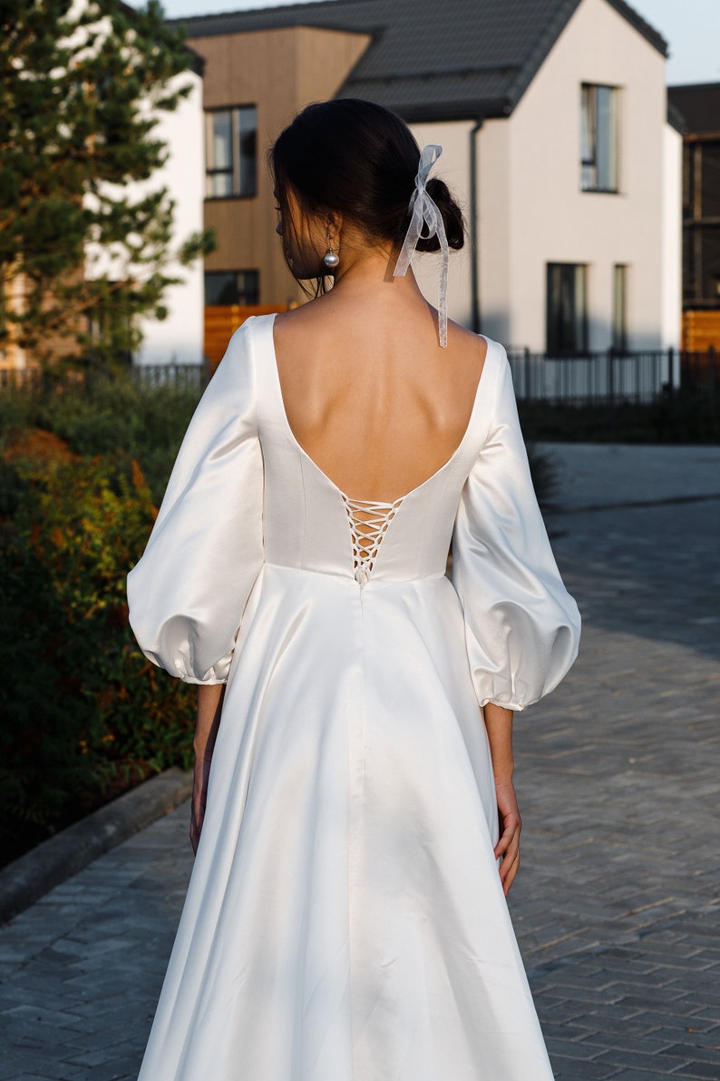 Classic Wedding Dress Puff Long Sleeve Satin a Line Wedding - Etsy