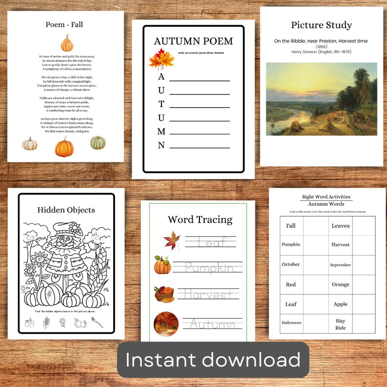 Autumn Fall Study Activity Printable Homeschool Worksheets Nature ...
