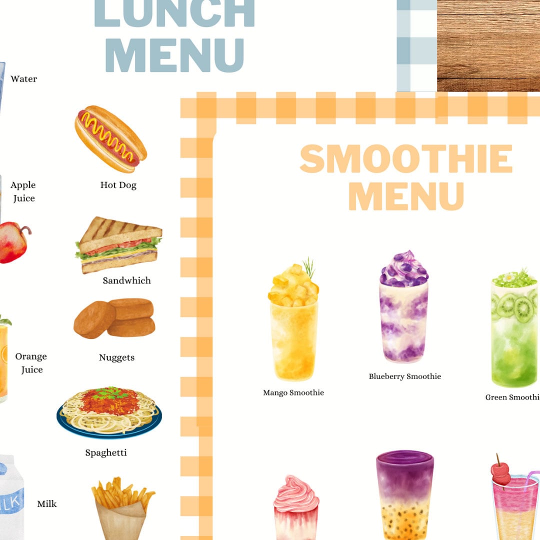 Dramatic Play Menu Guest Check Toys Cafe Lunch Breakfast Smoothie Menus ...