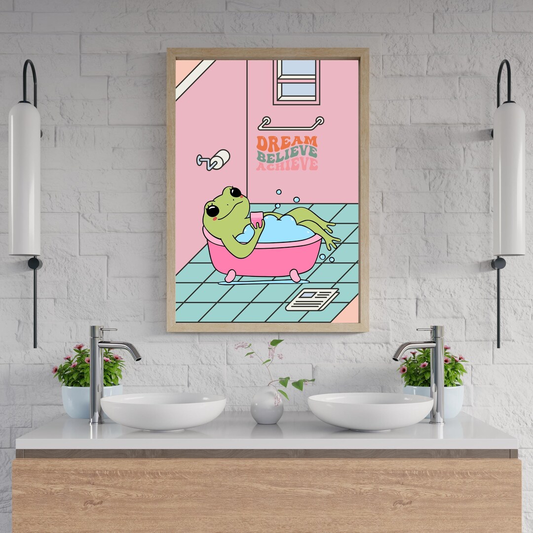 Frog Bathroom Poster | Frog Bathroom Painting | Pink Retro Posters ...