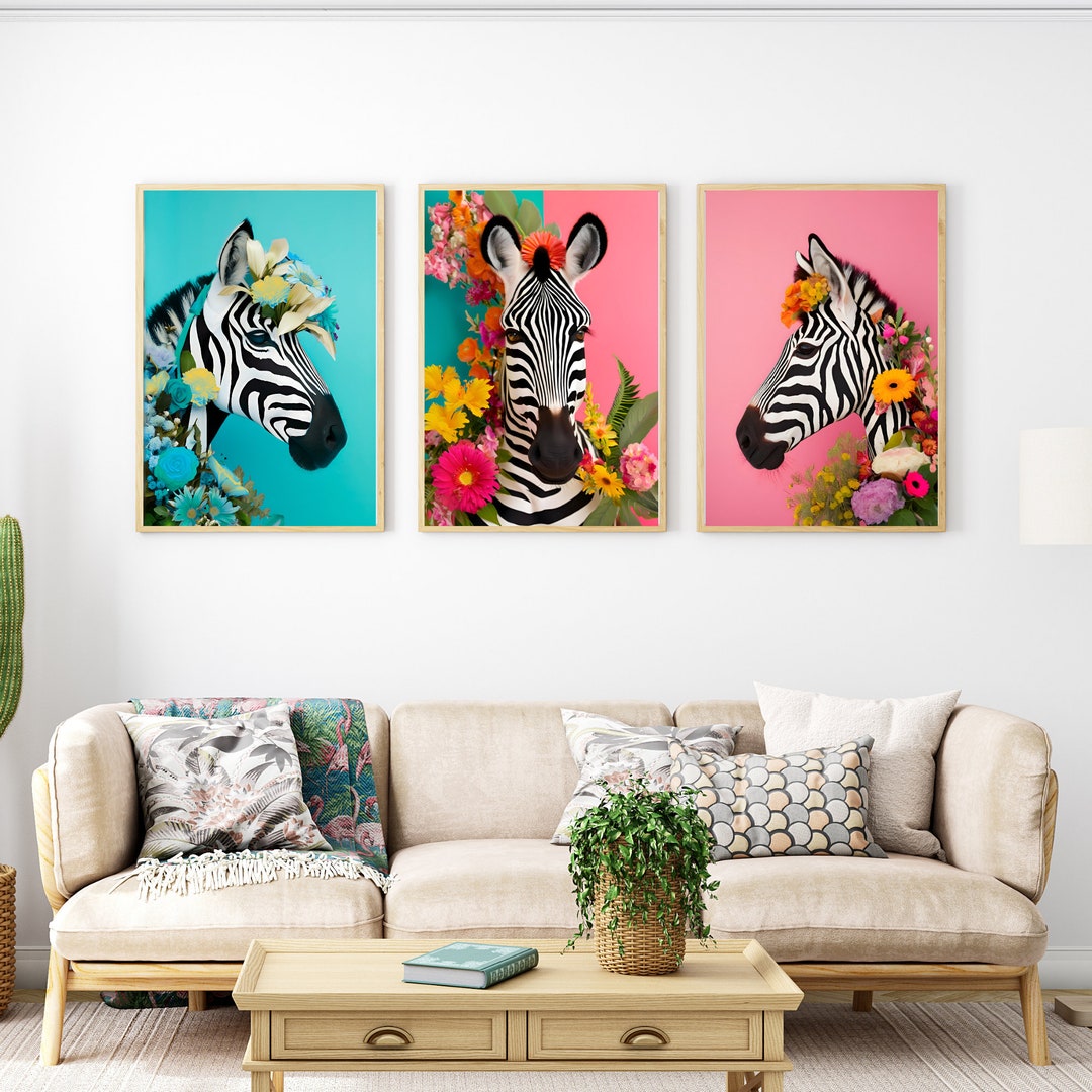 Set of 1, 2 or 3 Vibrant Zebra Animal Prints, Colorful Safari Nursery ...