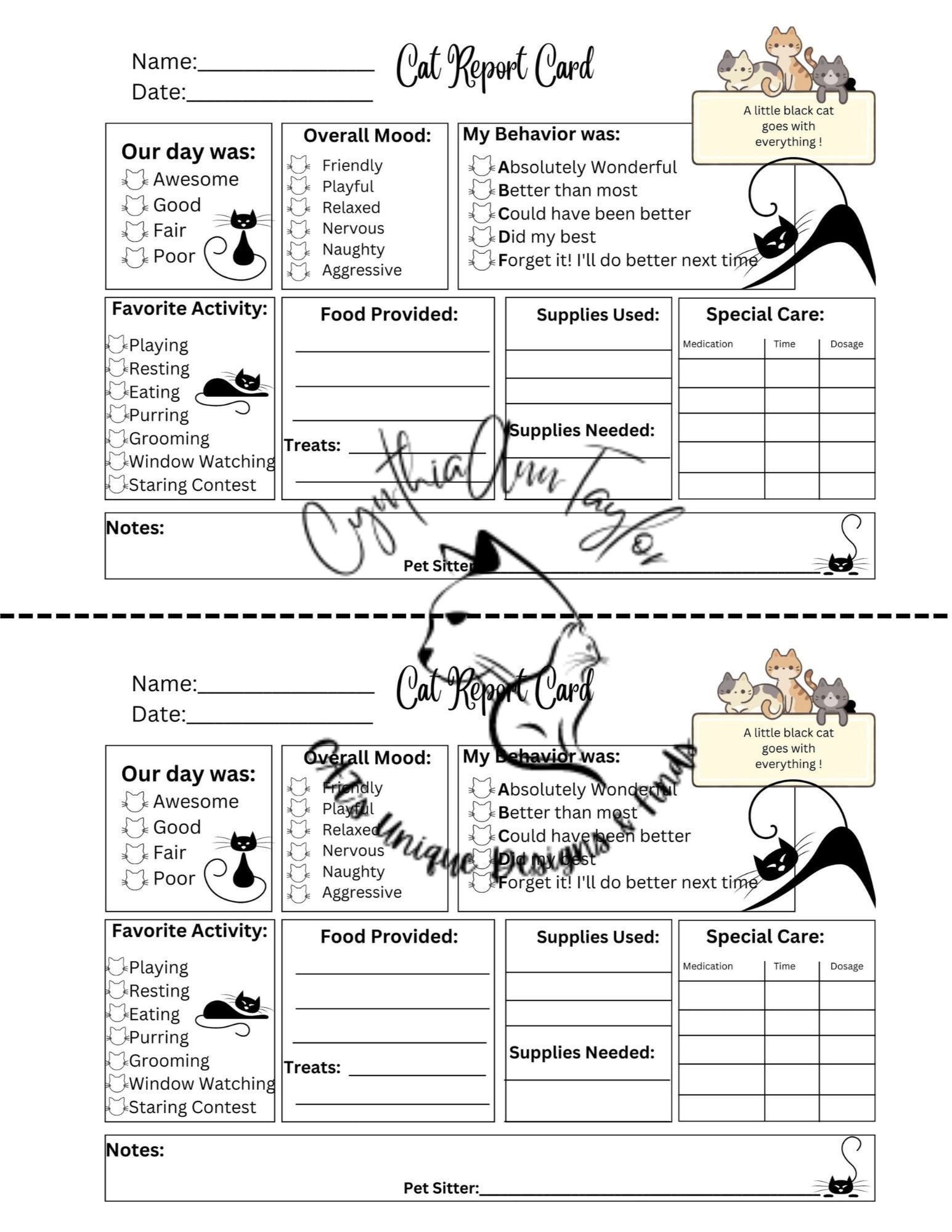 Cat Report Card Pet Sitter Form Cat Sitter Report Black Cat - Etsy