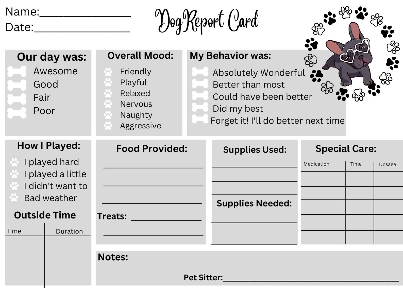 Dog Report Card, Pet Sitter Form, Digital Download - Etsy