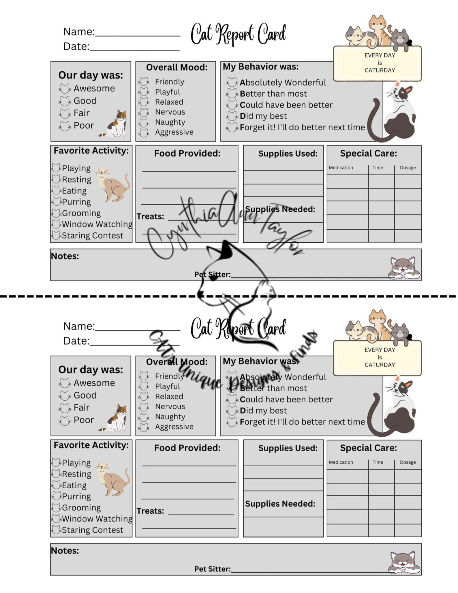 Cat Report Card, Pet Report Card, Cat Sitter Report, Cat Sitter, Cat ...