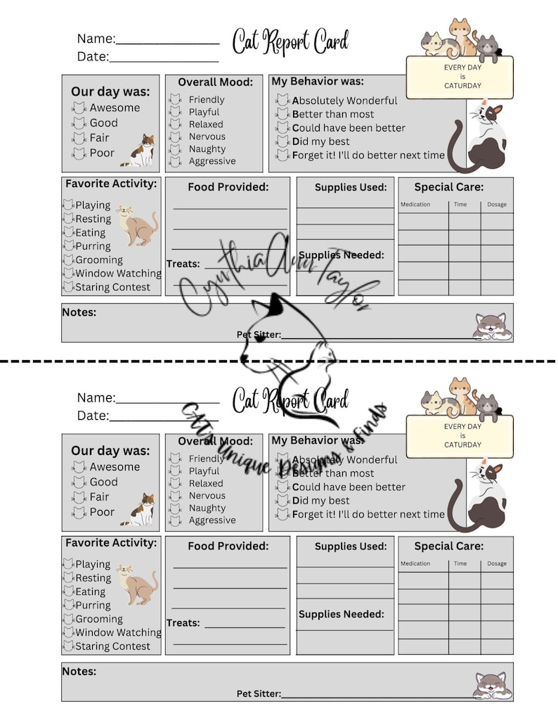 Cat Report Card, Pet Report Card, Cat Sitter Report, Cat Sitter, Cat ...