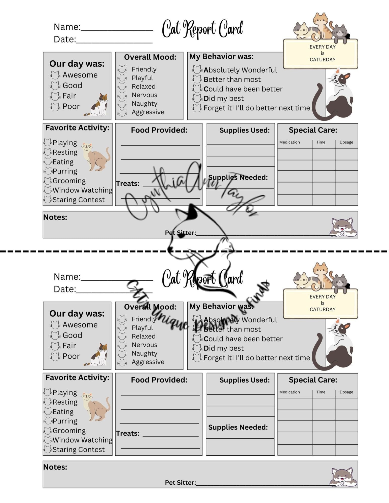Cat Report Card, Pet Report Card, Cat Sitter Report, Cat Sitter, Cat ...