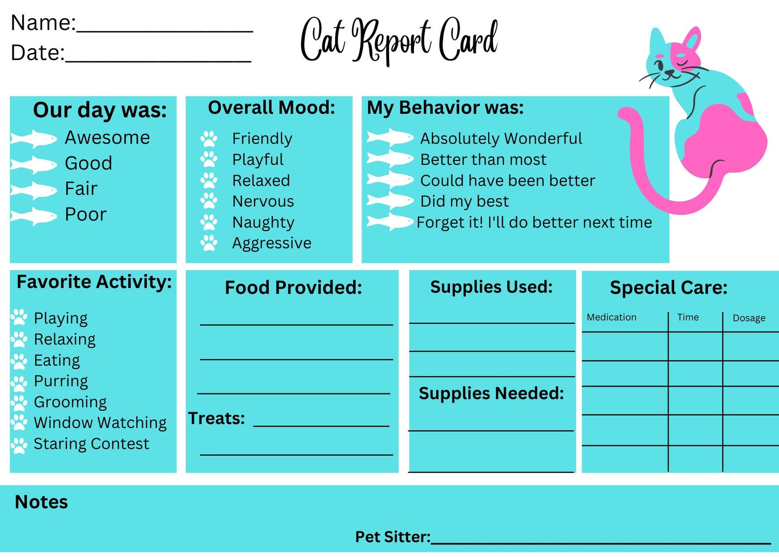Cat Reort Card Pet Sitter Form Pet Sitter Business Form - Etsy