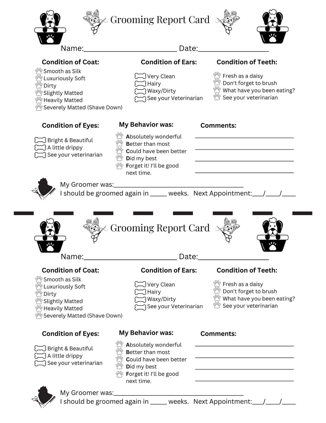 Dog Grooming Report Card, Grooming Report Card, Dog Spa Record ...