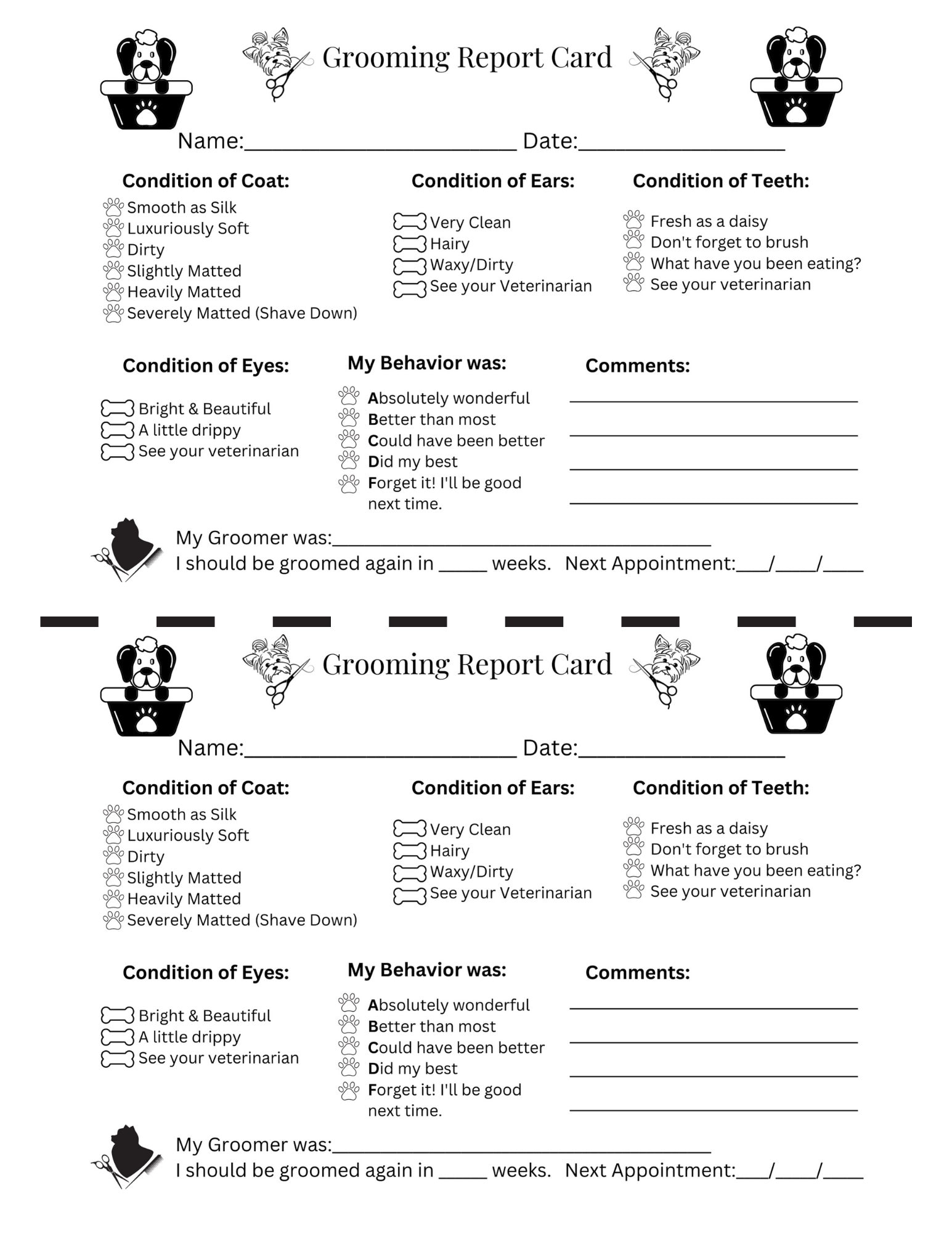 Dog Grooming Report Card, Grooming Report Card, Dog Spa Record ...