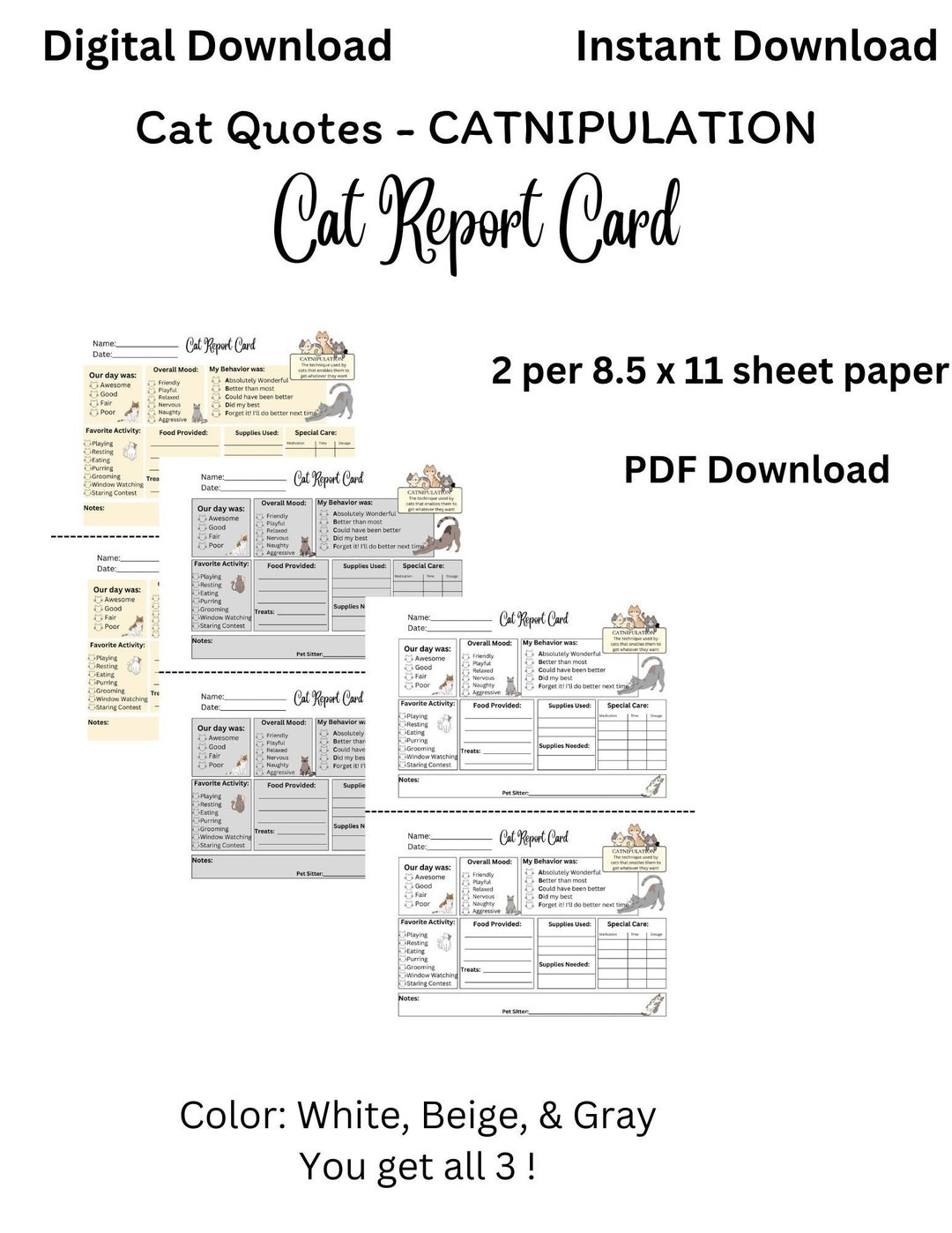 Cat Report Card, Pet Sitter Form, Cat Sitter, Cat Quotes - Etsy