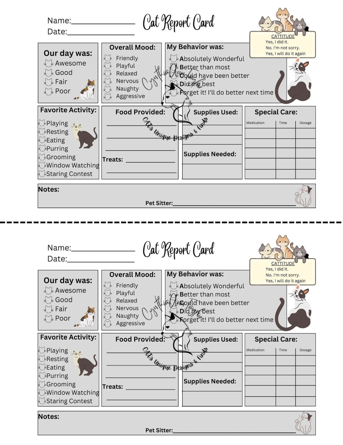 Cat Report Card, Pet Report Card, Cat Sitter Report, Cat Sitter, Cat ...