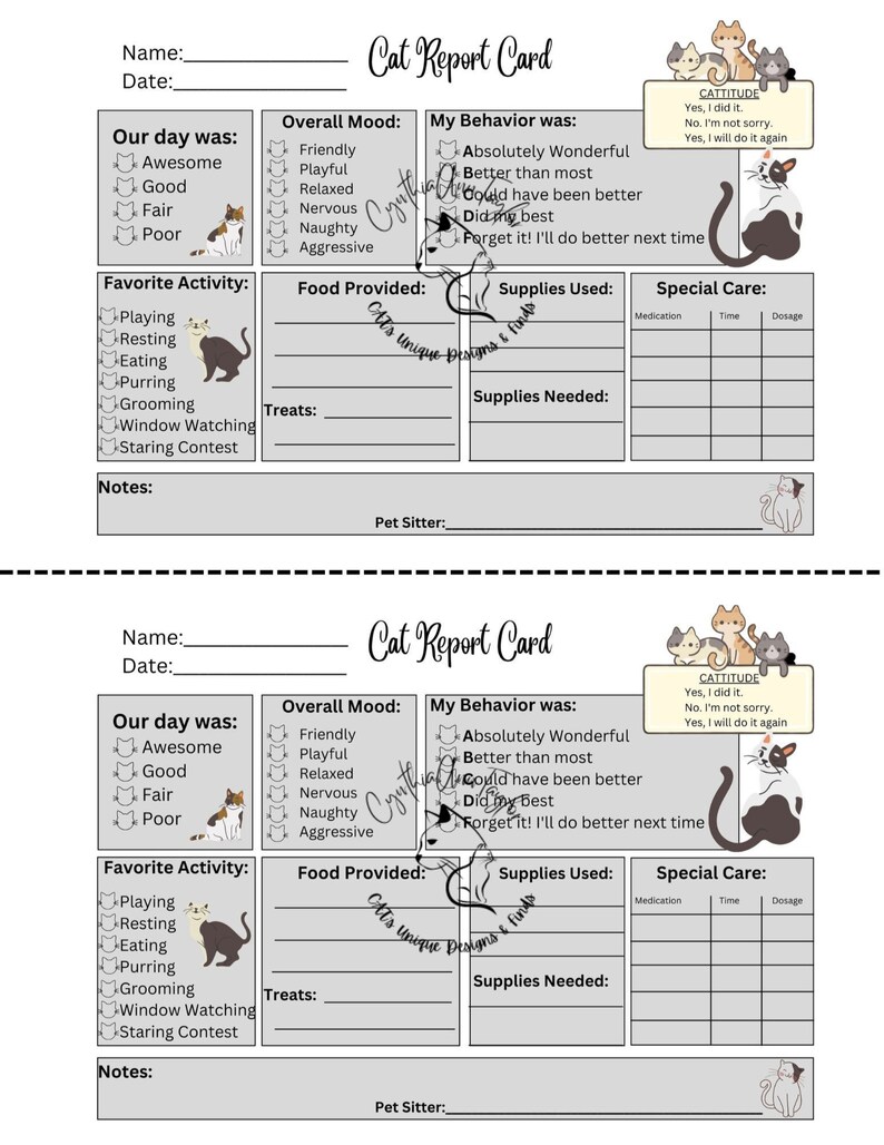Cat Report Card, Pet Report Card, Cat Sitter Report, Cat Sitter, Cat ...