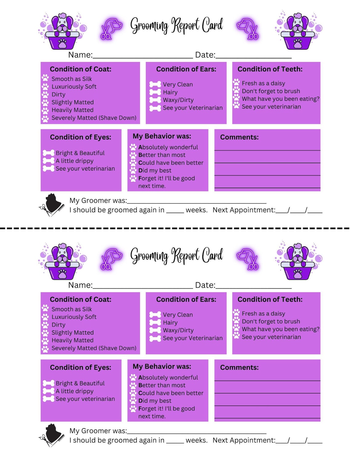 Groomer Report Card Dog Grooming Grooming Form Grooming - Etsy