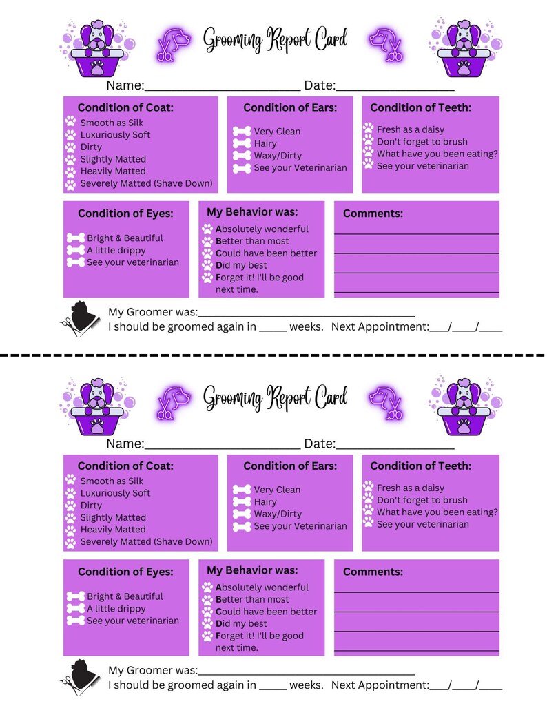 Groomer Report Card, Dog Grooming, Grooming Form, Grooming, Digital ...