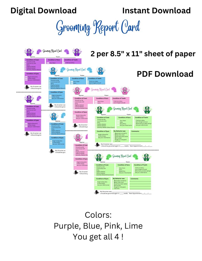 Groomer Report Card, Dog Grooming, Grooming Form, Grooming, Digital ...