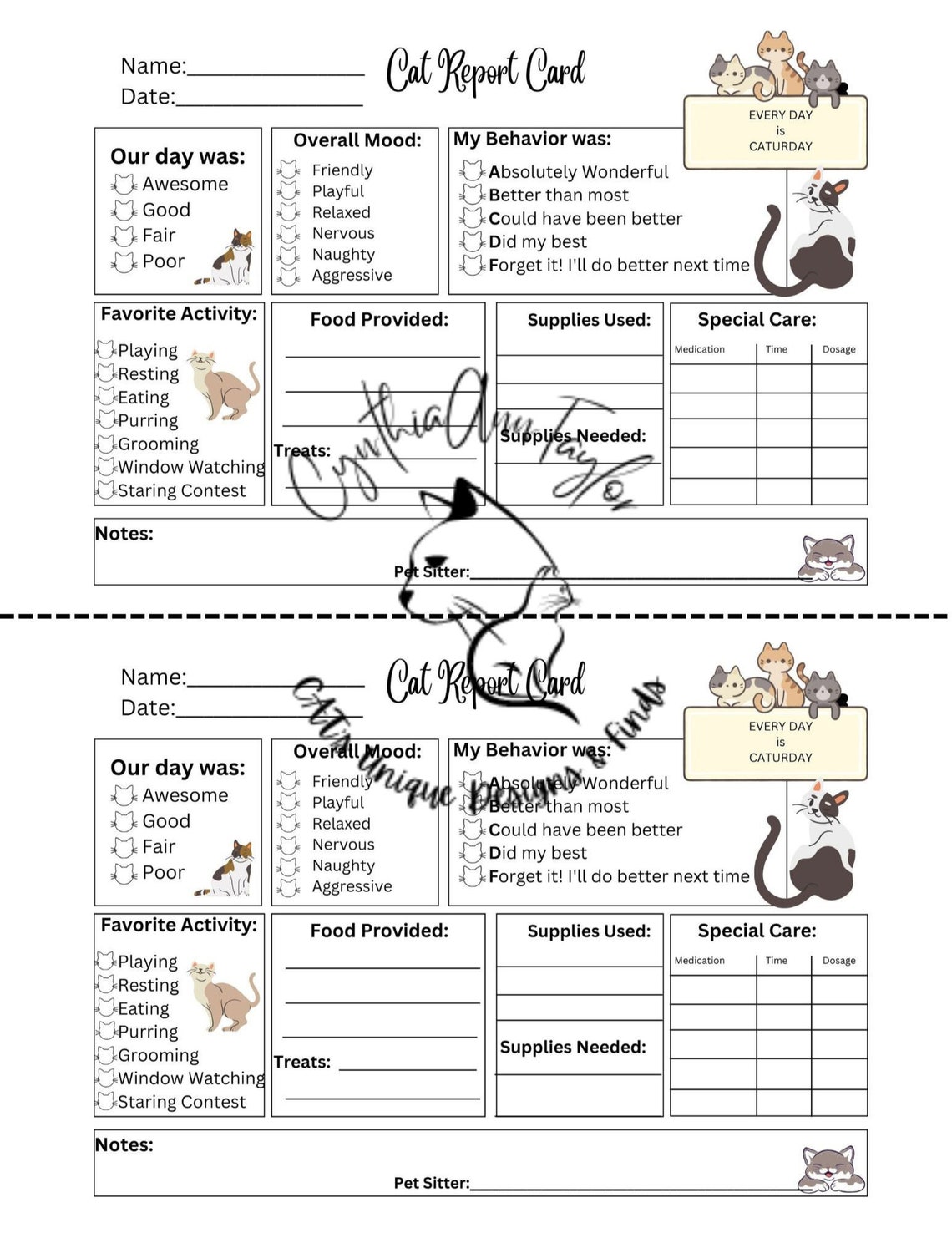 Cat Report Card, Pet Report Card, Cat Sitter Report, Cat Sitter, Cat ...