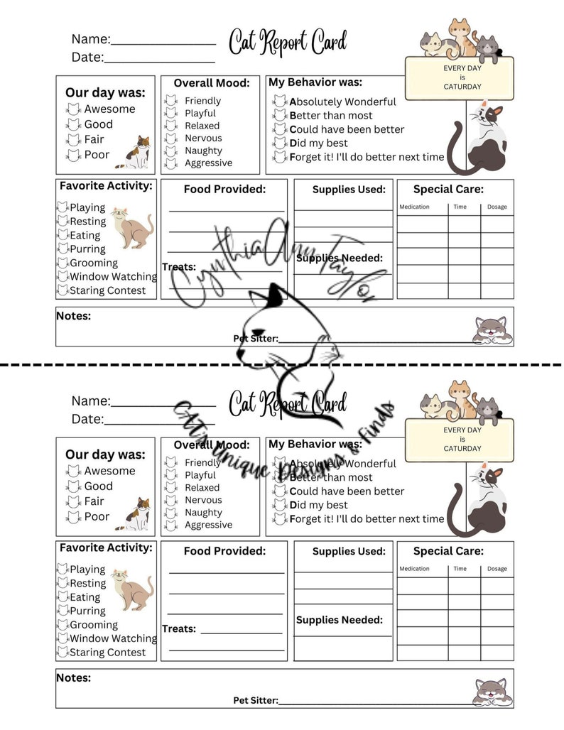 Cat Report Card, Pet Report Card, Cat Sitter Report, Cat Sitter, Cat ...