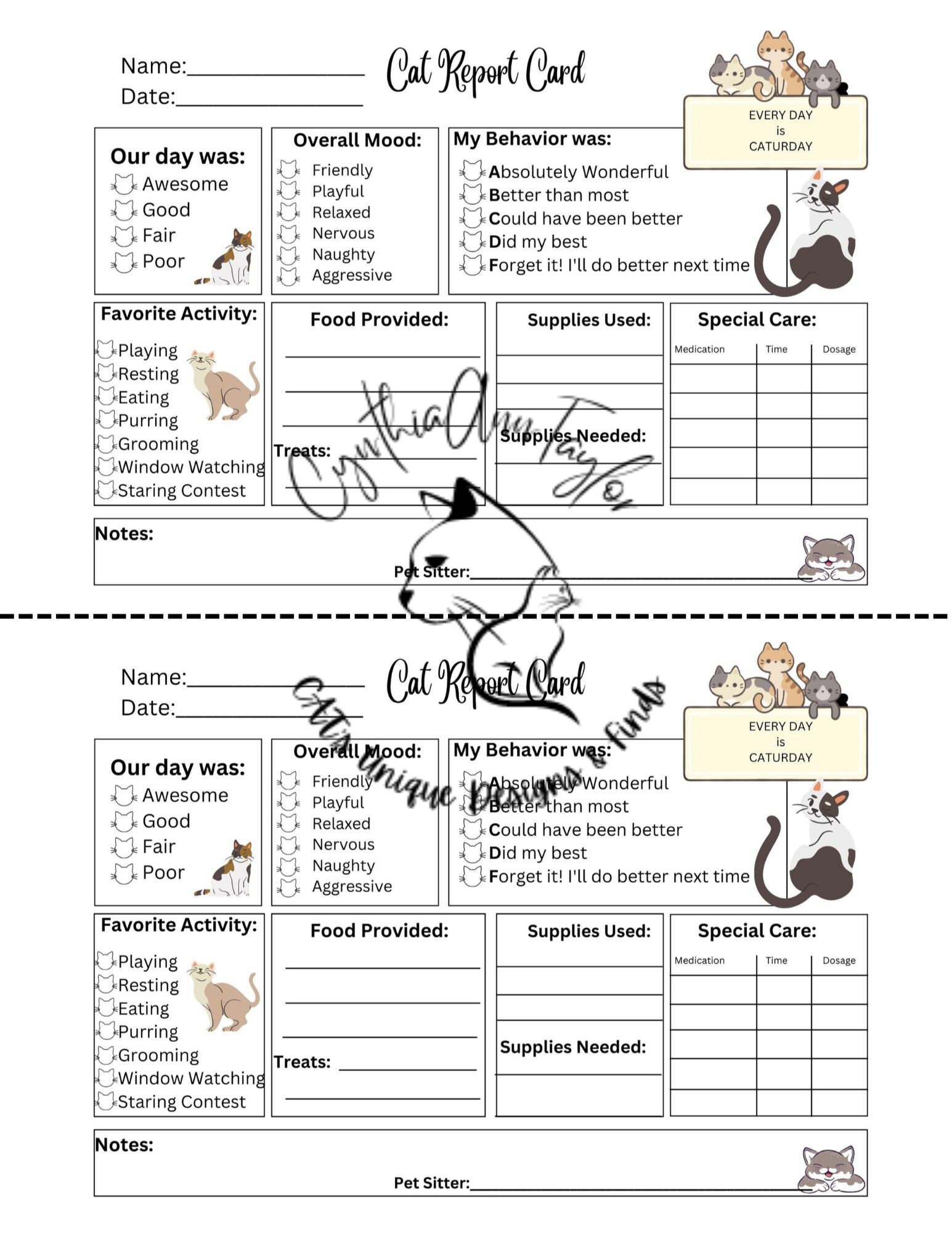 Cat Report Card, Pet Report Card, Cat Sitter Report, Cat Sitter, Cat ...